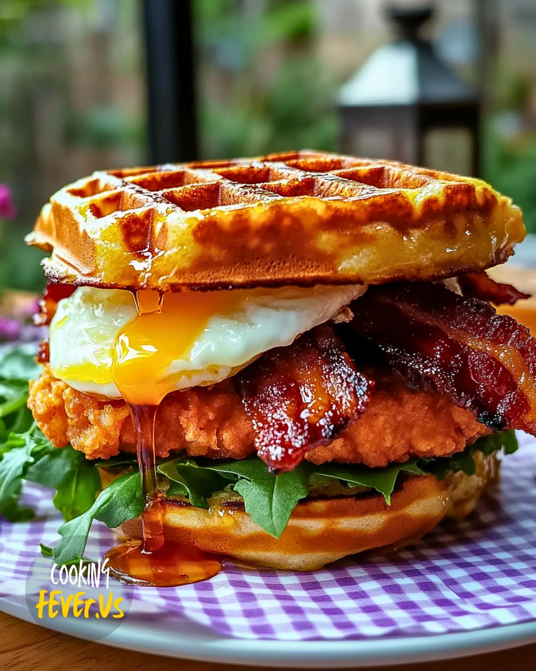 Chicken Waffle Burger With Egg & Maple Glazed Bacon